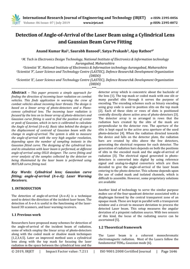 IRJET- Detection of Angle-of-Arrival of the Laser Beam using a Cylindrical Lens and Gaussian ...