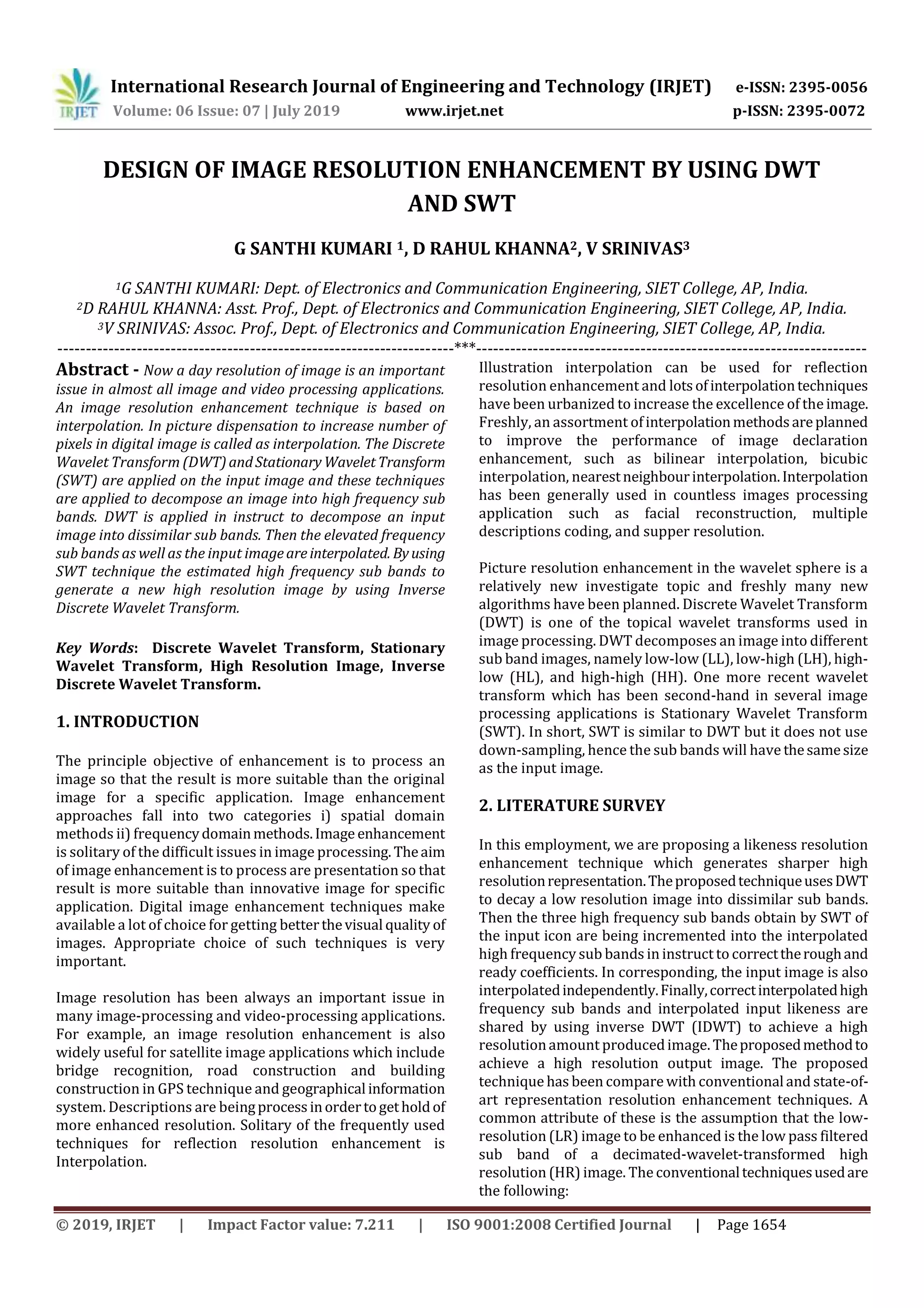 IRJET- Design of Image Resolution Enhancement by using DWT and SWT | PDF