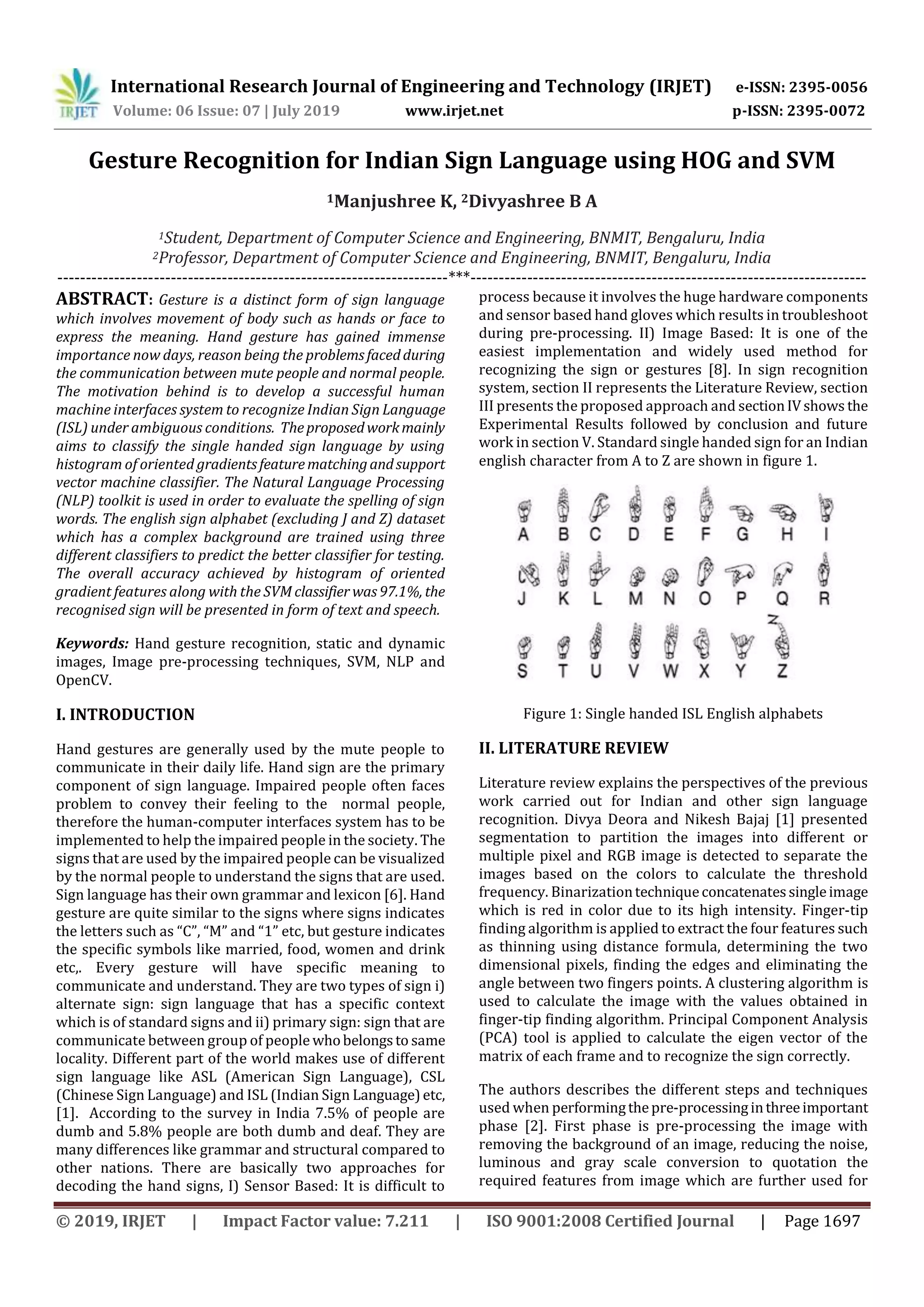 IRJET- Gesture Recognition for Indian Sign Language using HOG and SVM | PDF