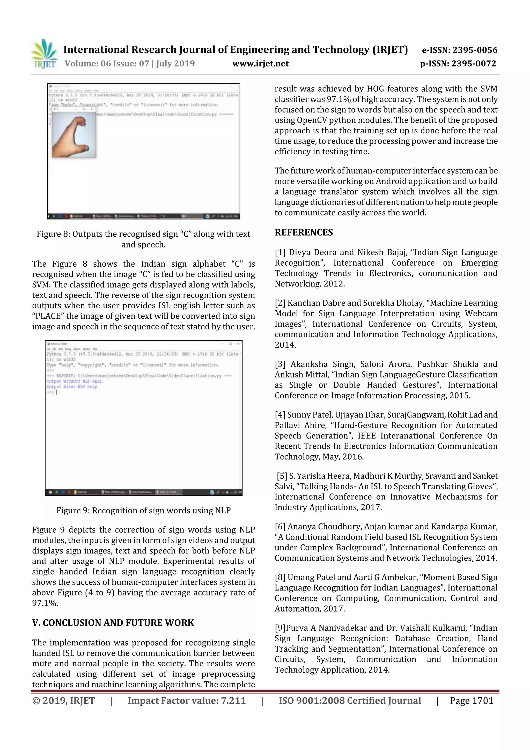 IRJET- Gesture Recognition for Indian Sign Language using HOG and SVM | PDF