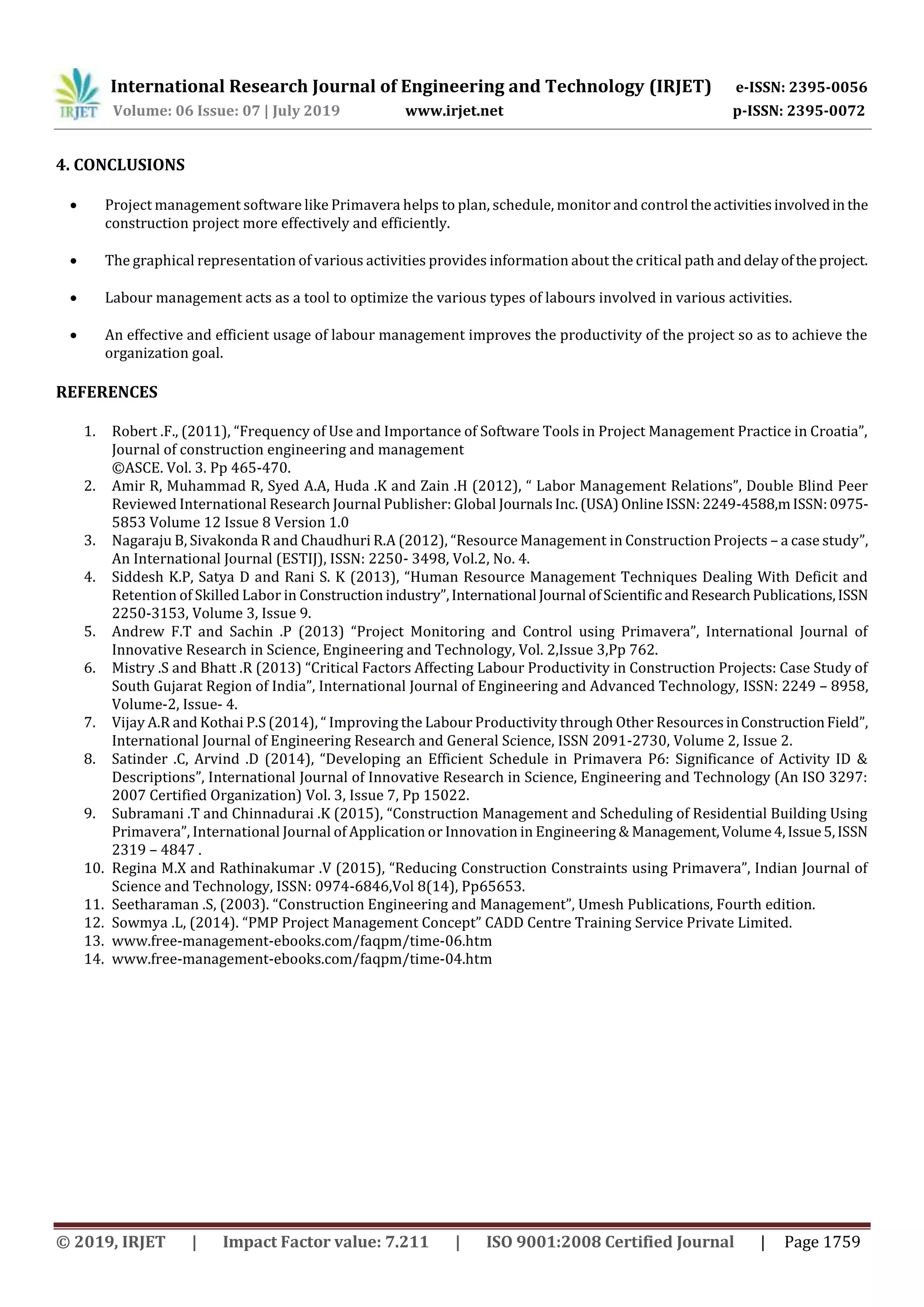 IRJET- Scheduling and Labour Management for Residential Building Project using Primavera | PDF