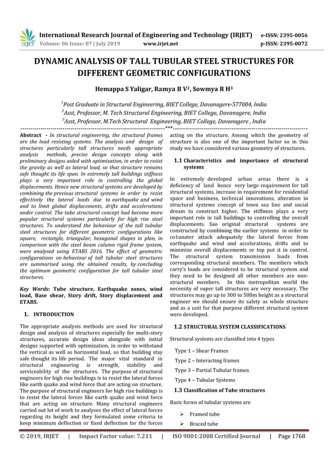 IRJET- Dynamic Analysis of Tall Tubular Steel Structures for Different Geometric Configurations ...