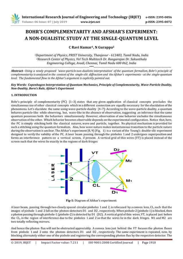 IRJET- Bohr’s Complementarity and Afshar’s Experiment: A Non-Dualistic ...