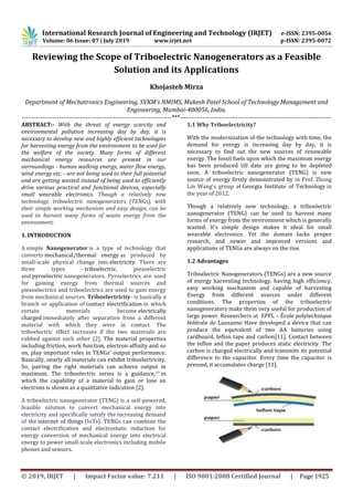 IRJET- Reviewing the Scope of Triboelectric Nanogenerators as a Feasible Solution and its ...