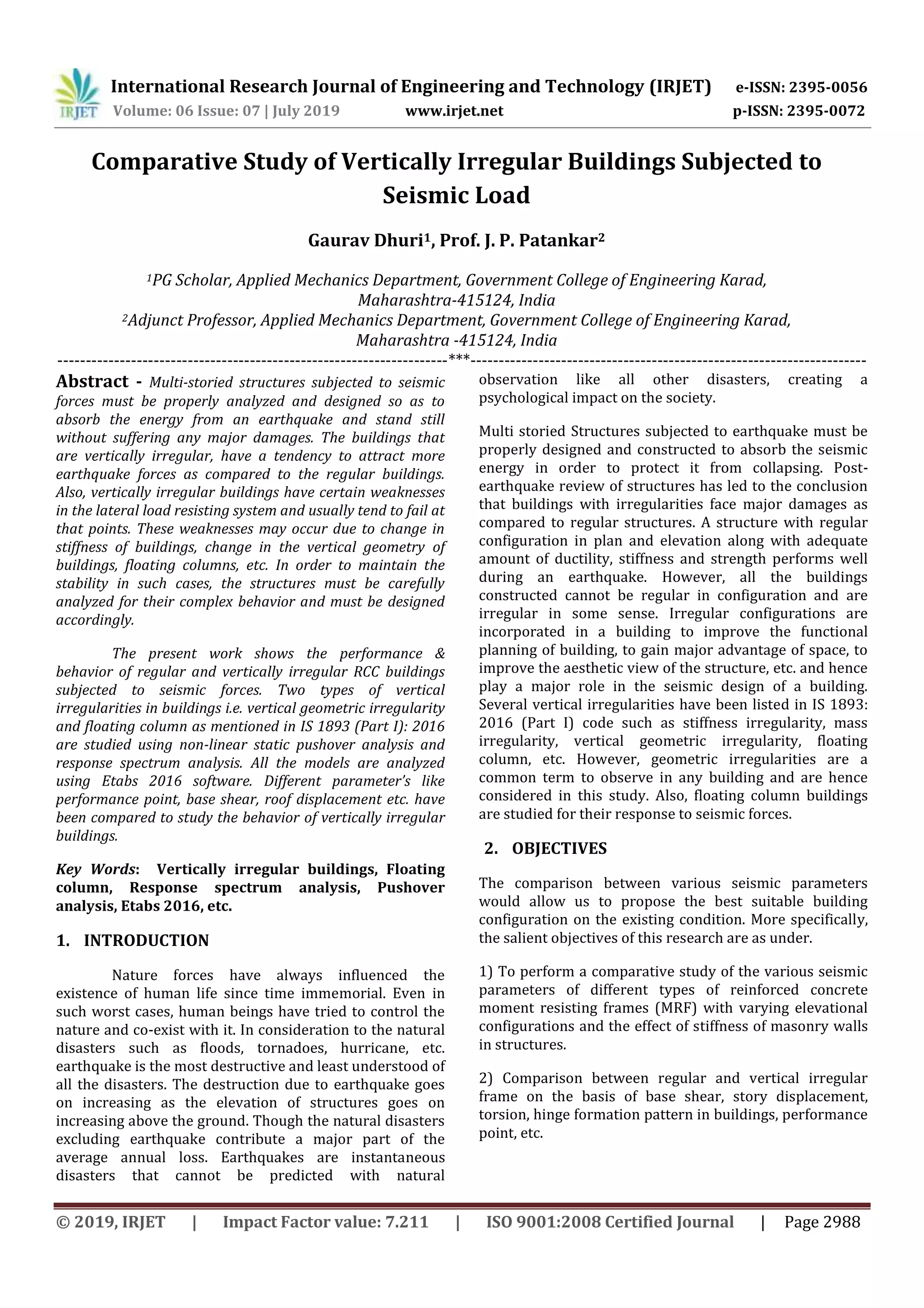 IRJET- Comparative Study of Vertically Irregular Buildings Subjected to Seismic Load | PDF