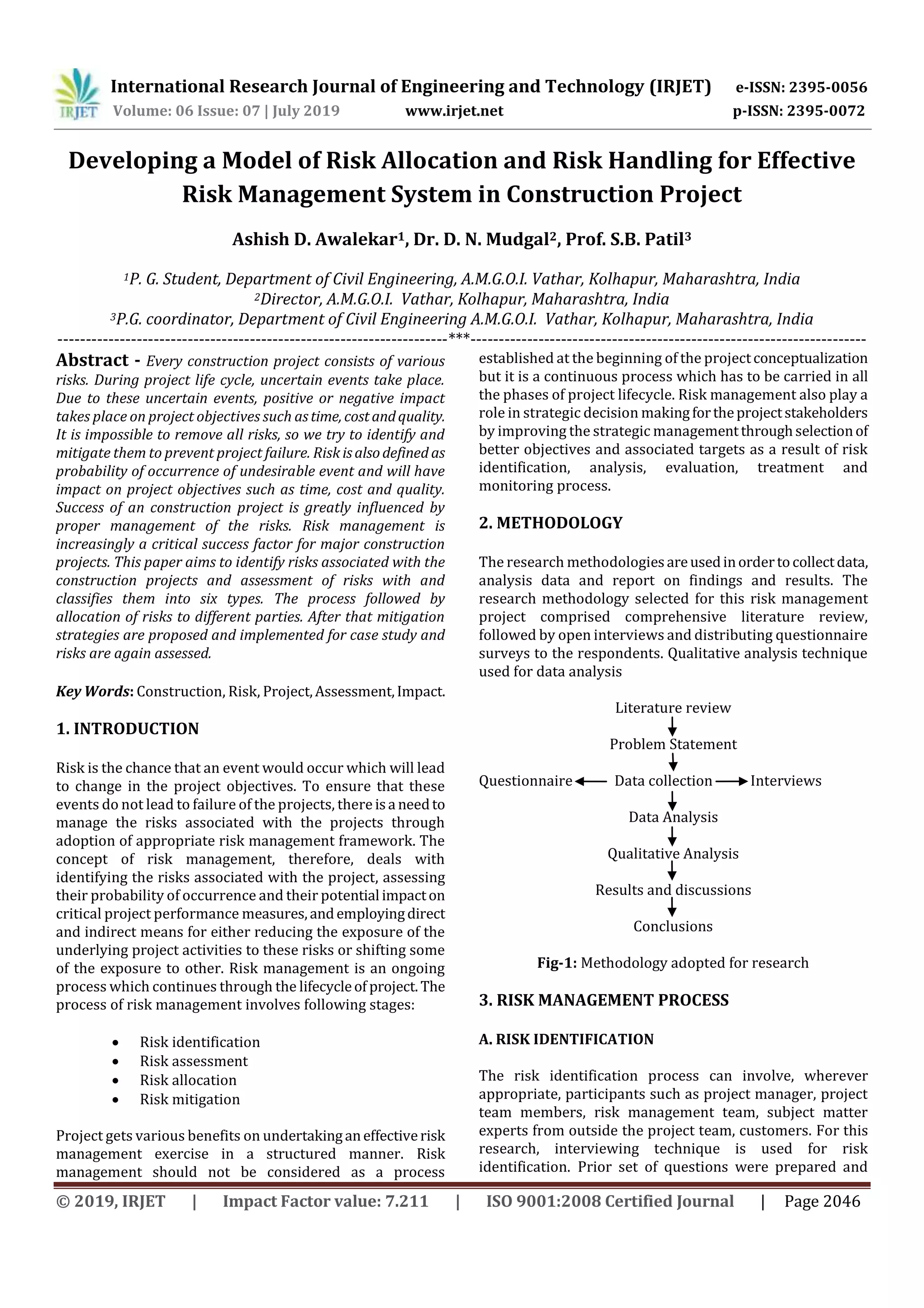 IRJET- Developing a Model of Risk Allocation and Risk Handling for Effective Risk Management ...