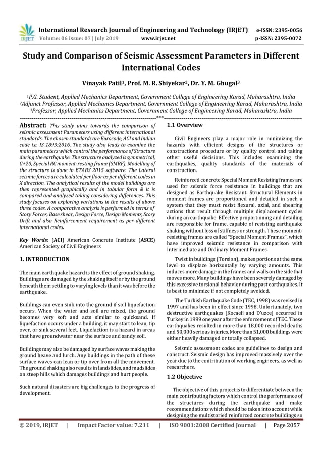 IRJET- Study and Comparison of Seismic Assessment Parameters in Different International Codes | PDF