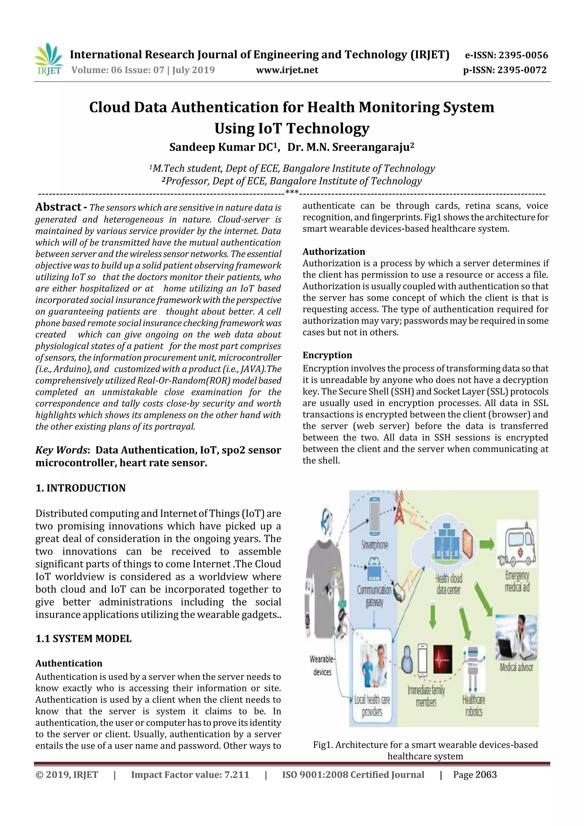 IRJET- Cloud Data Authentication for Health Monitoring System using IoT Technology | PDF