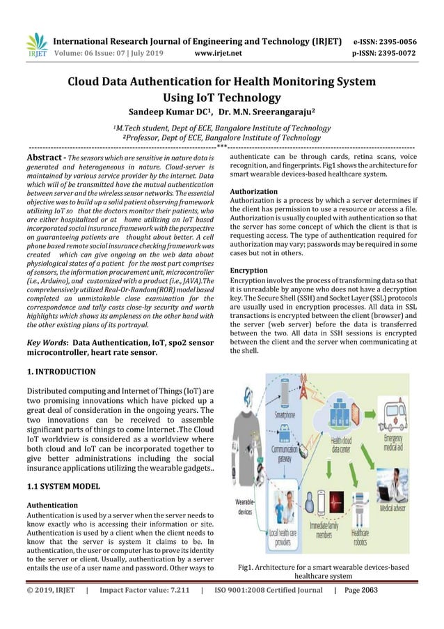 IRJET- Cloud Data Authentication for Health Monitoring System using IoT Technology | PDF