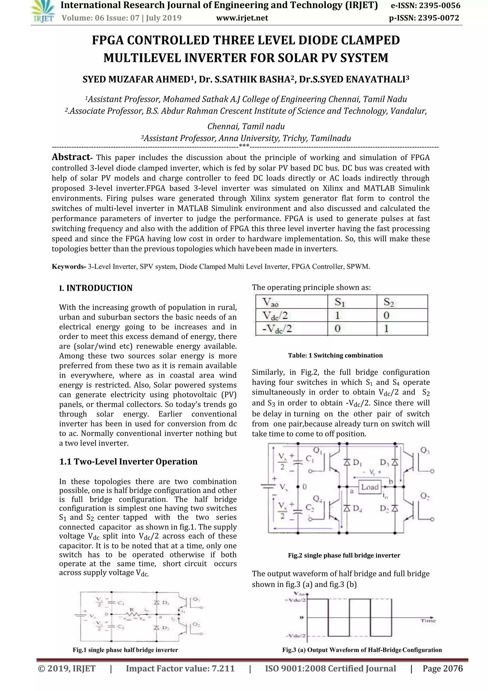 IRJET- FPGA Controlled Three Level Diode Clamped Multilevel Inverter ...