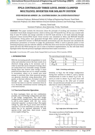 IRJET- FPGA Controlled Three Level Diode Clamped Multilevel Inverter for Solar PV System | PDF