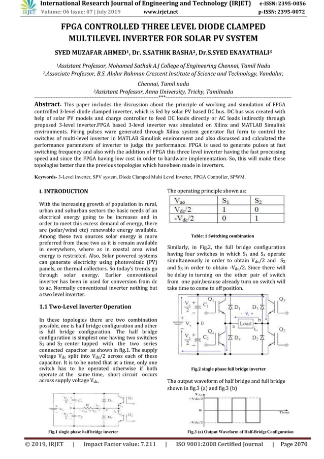 IRJET- FPGA Controlled Three Level Diode Clamped Multilevel Inverter for Solar PV System | PDF