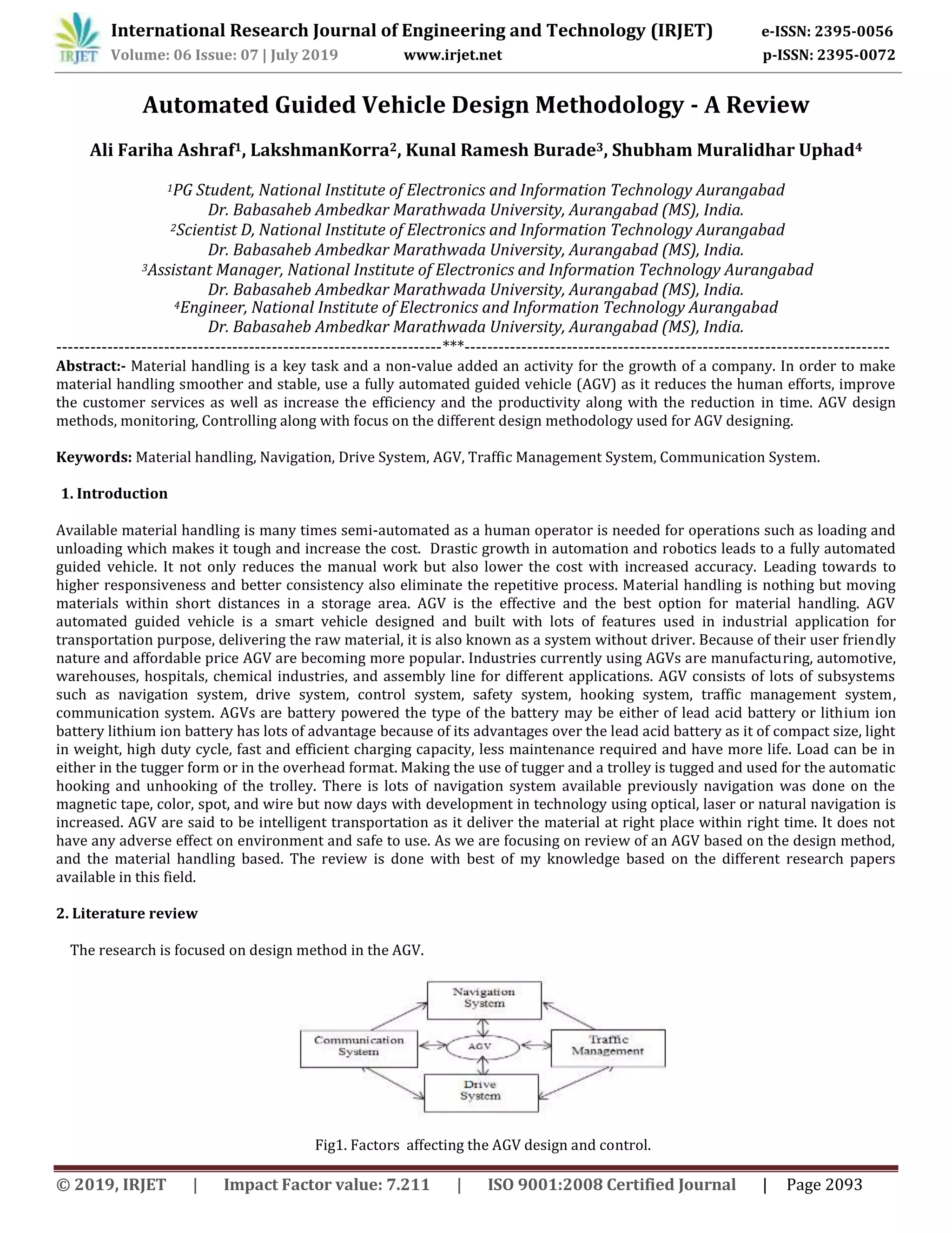 IRJET- Automated Guided Vehicle Design Methodology - A Review | PDF