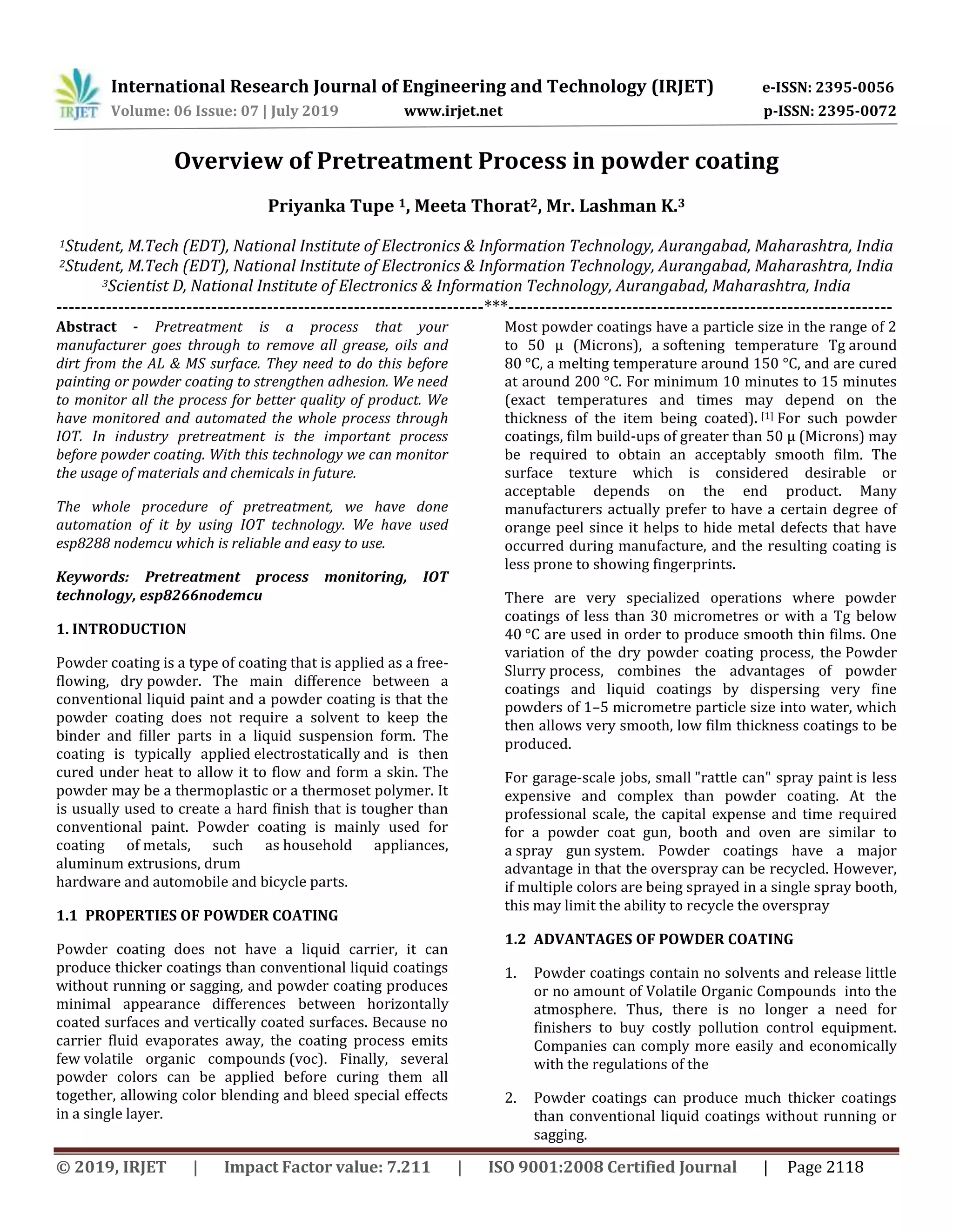 IRJET- Overview of Pretreatment Process in Powder Coating | PDF