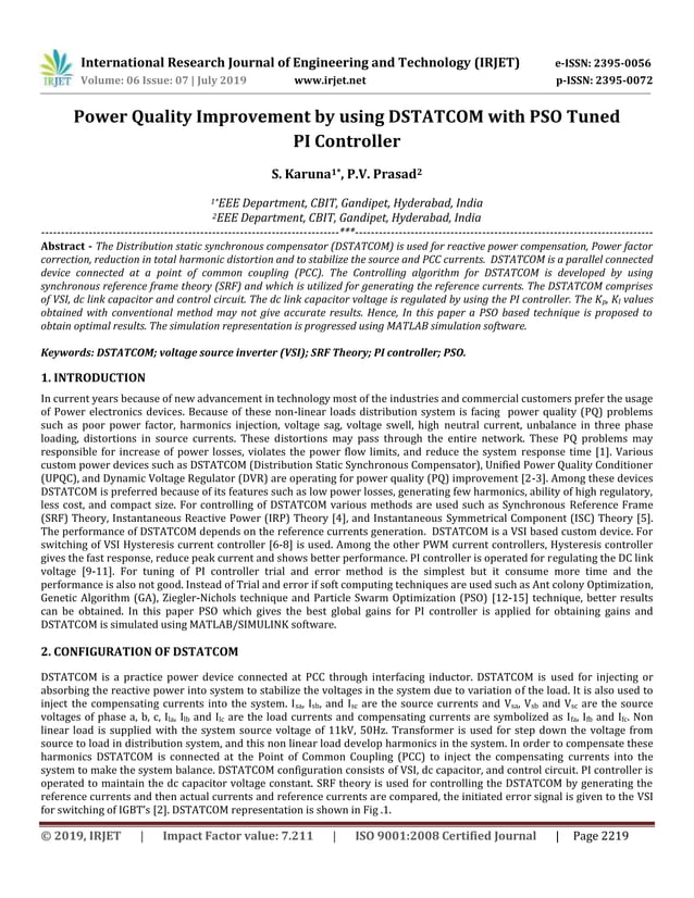 Irjet Power Quality Improvement By Using Dstatcom With Pso Tuned Pi Controller Pdf