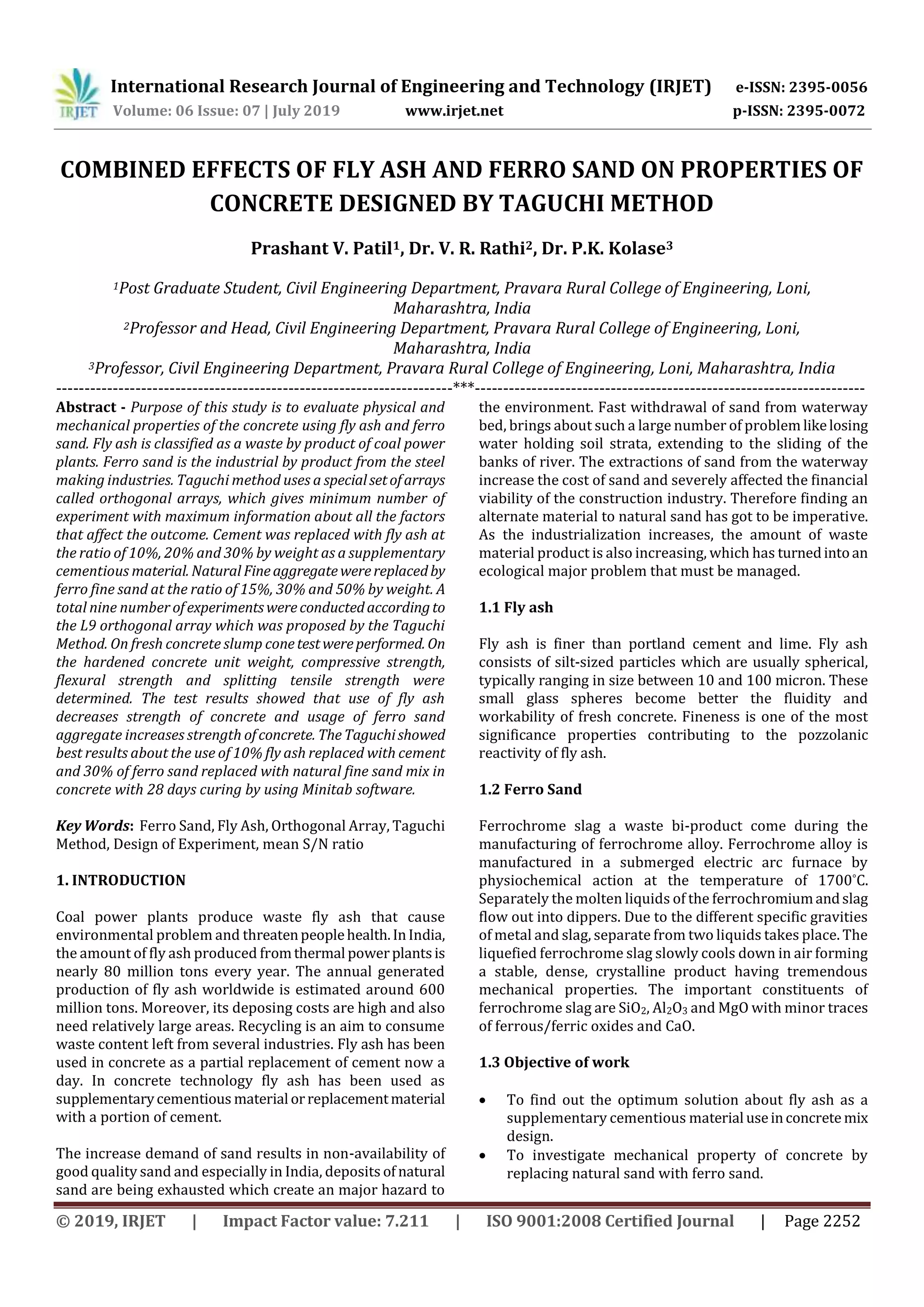IRJET- Combined Effects of Fly Ash and Ferro Sand on Properties of Concrete Designed by Taguchi ...