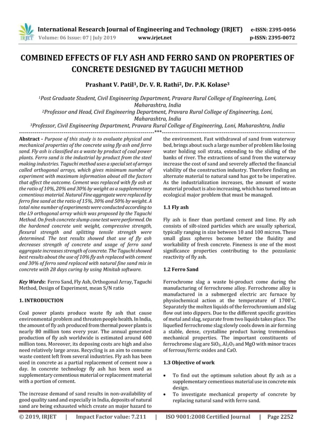IRJET- Combined Effects of Fly Ash and Ferro Sand on Properties of ...