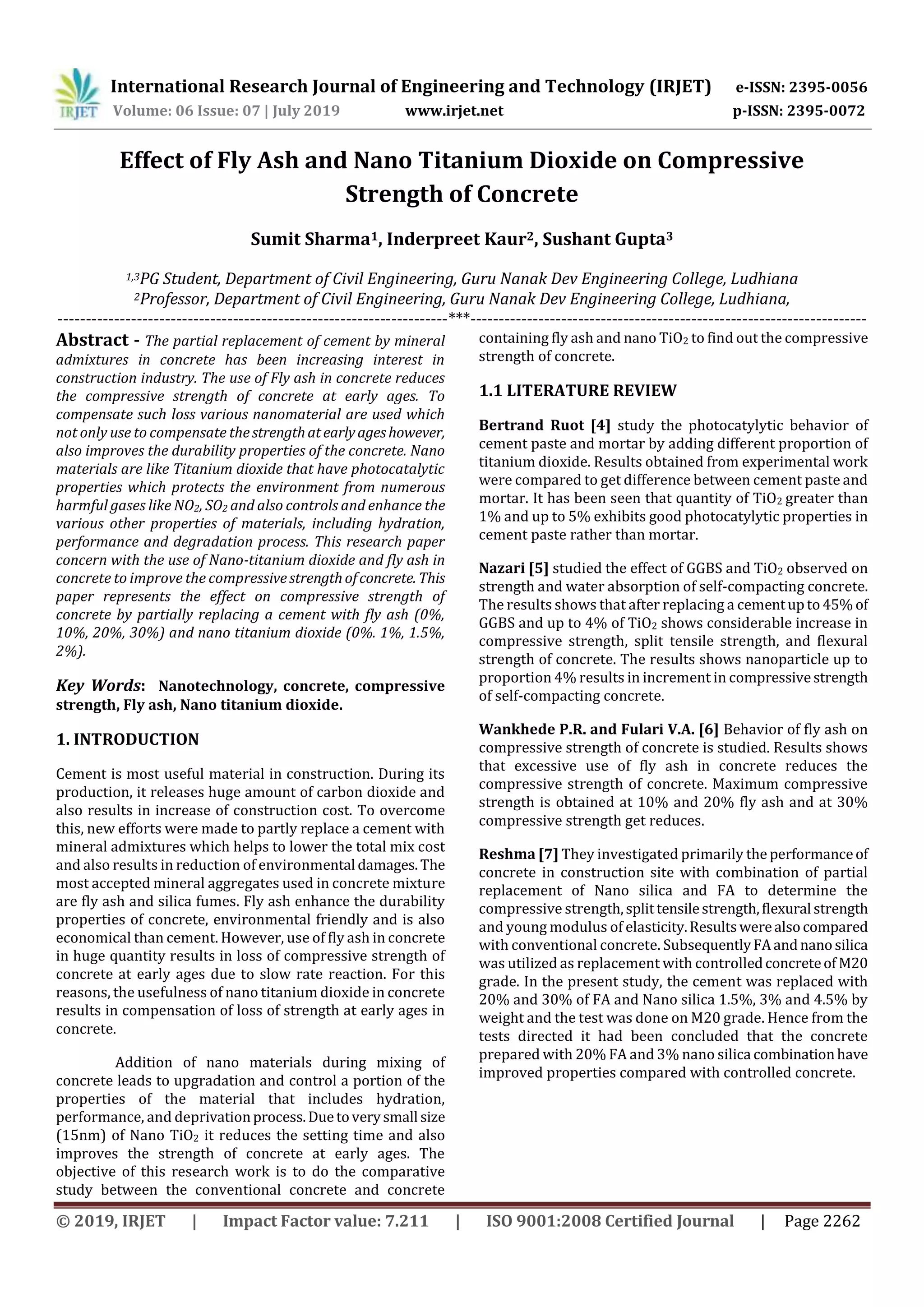 IRJET- Effect of Fly Ash and Nano Titanium Dioxide on Compressive ...