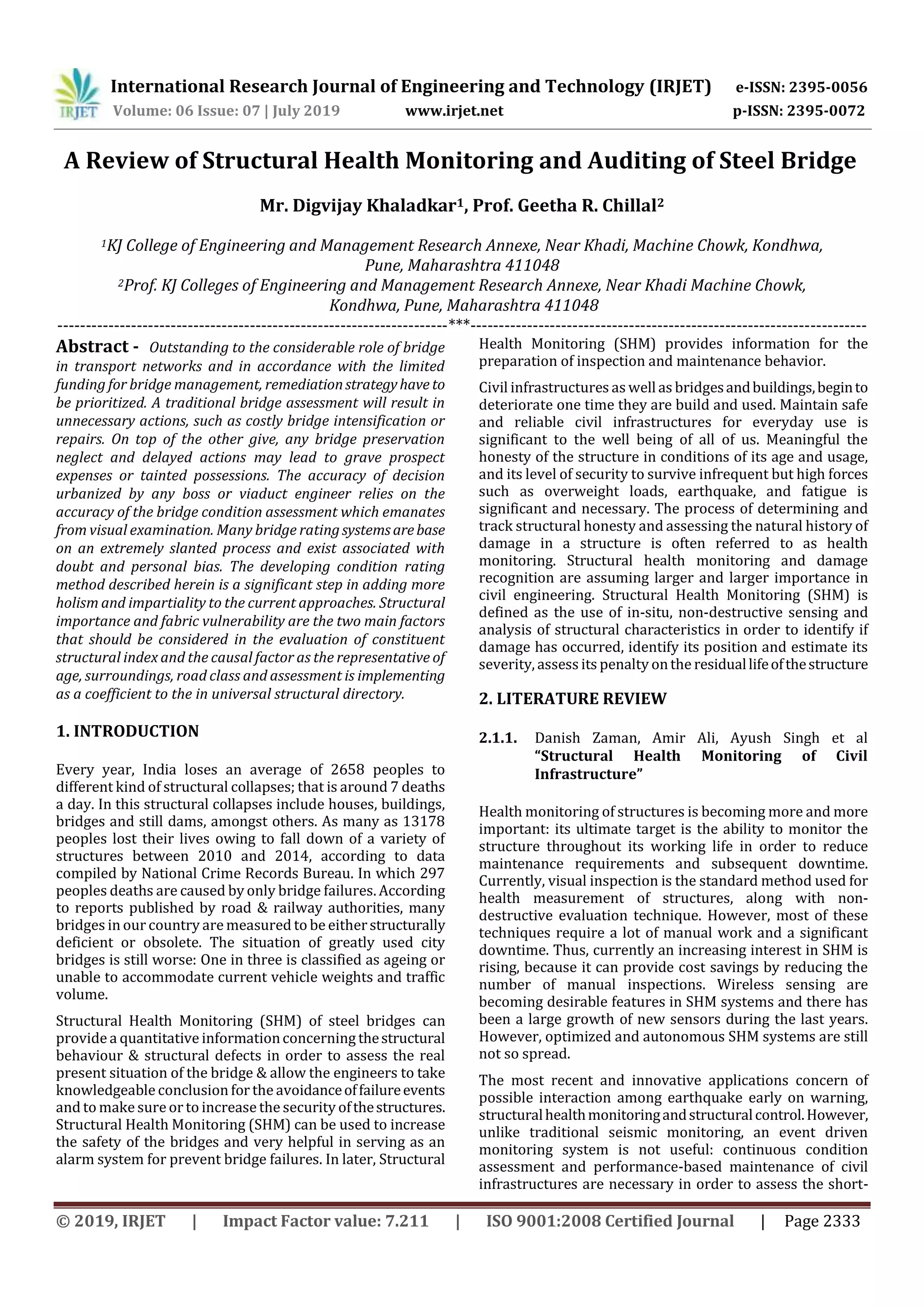 IRJET- A Review of Structural Health Monitoring and Auditing of Steel Bridge | PDF