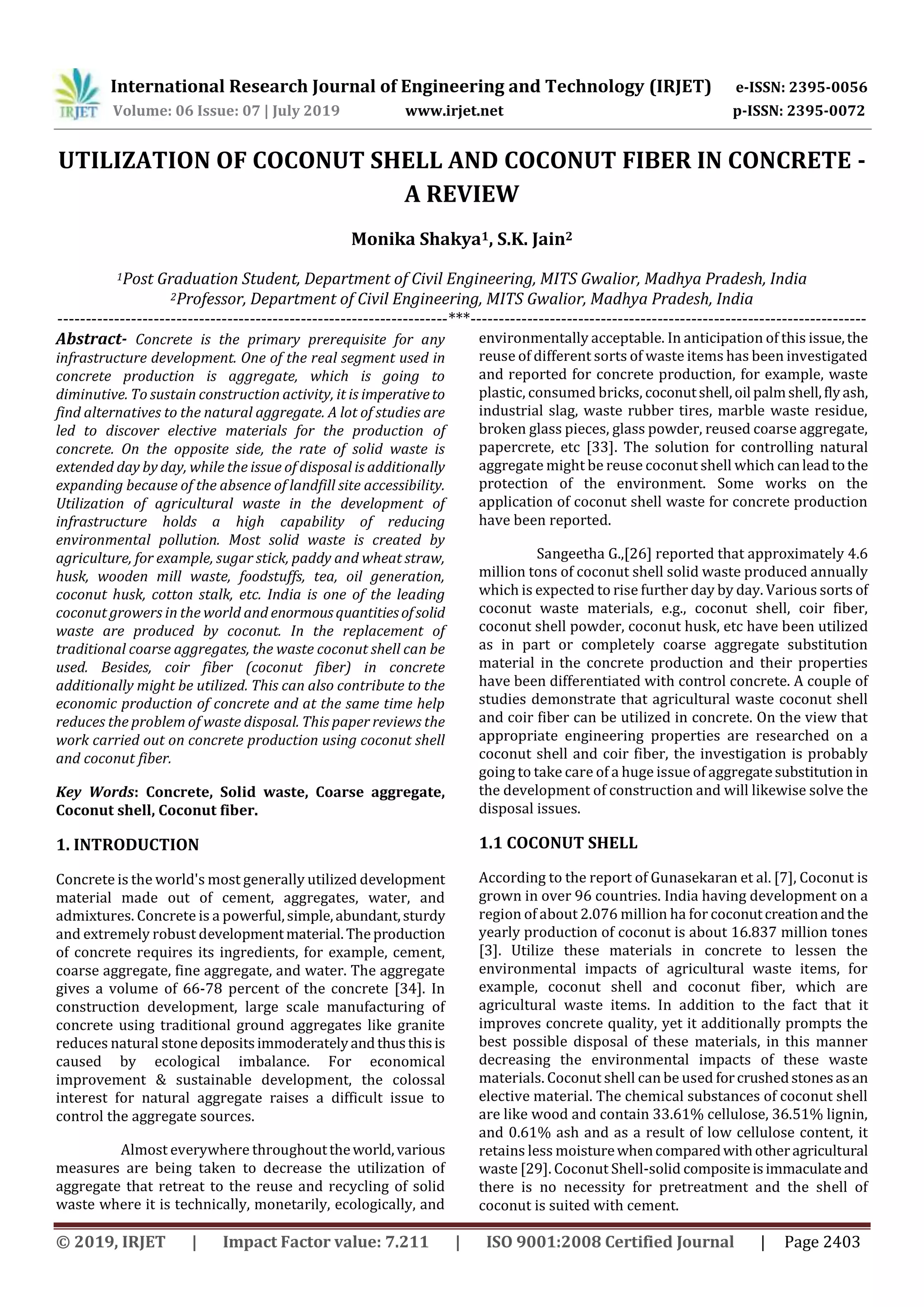 IRJET- Utilization of Coconut Shell and Coconut Fiber in Concrete - A ...