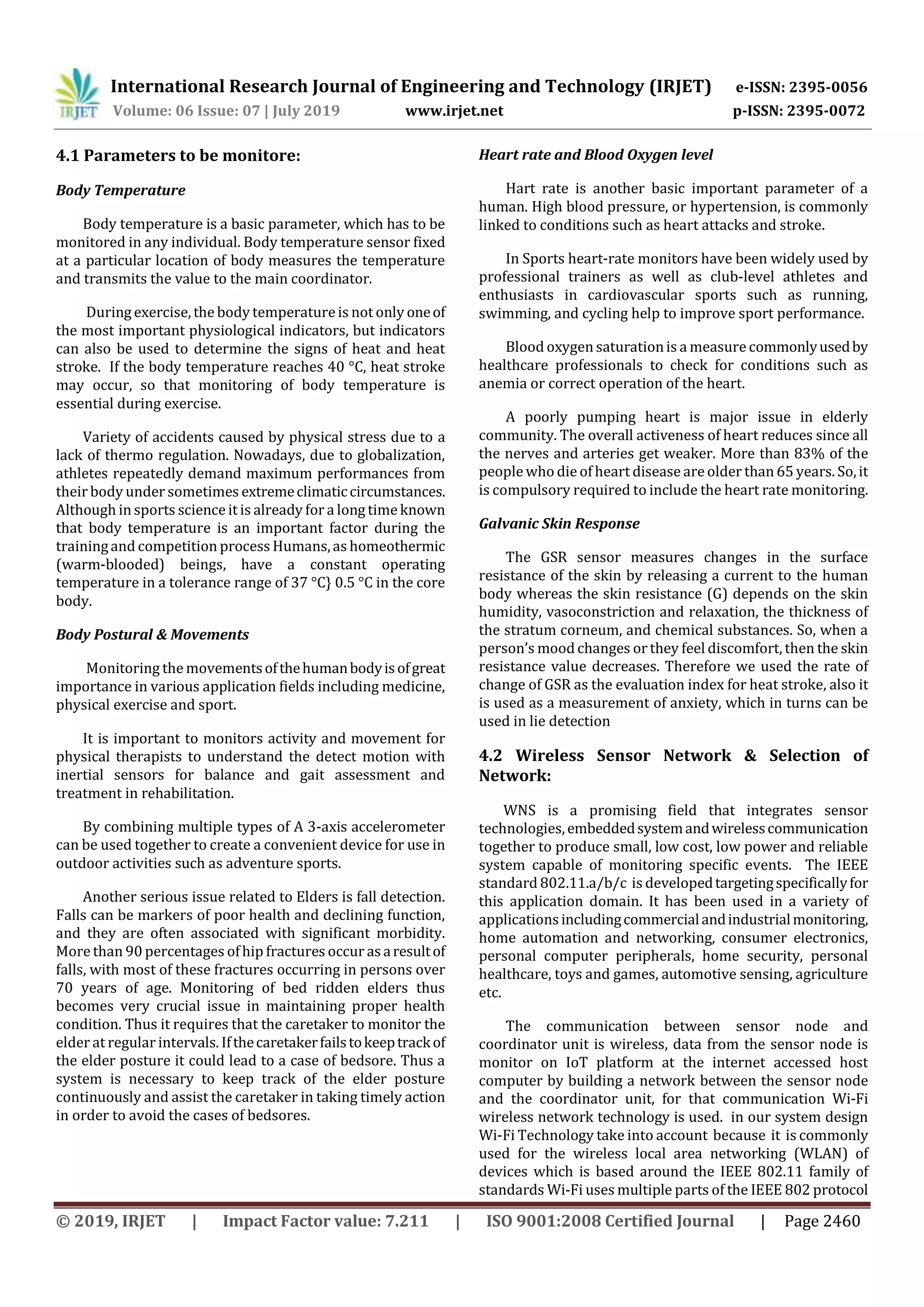 IRJET- IoT based Human Body Parameters Monitoring by using Wearable Wireless Sensor Network | PDF