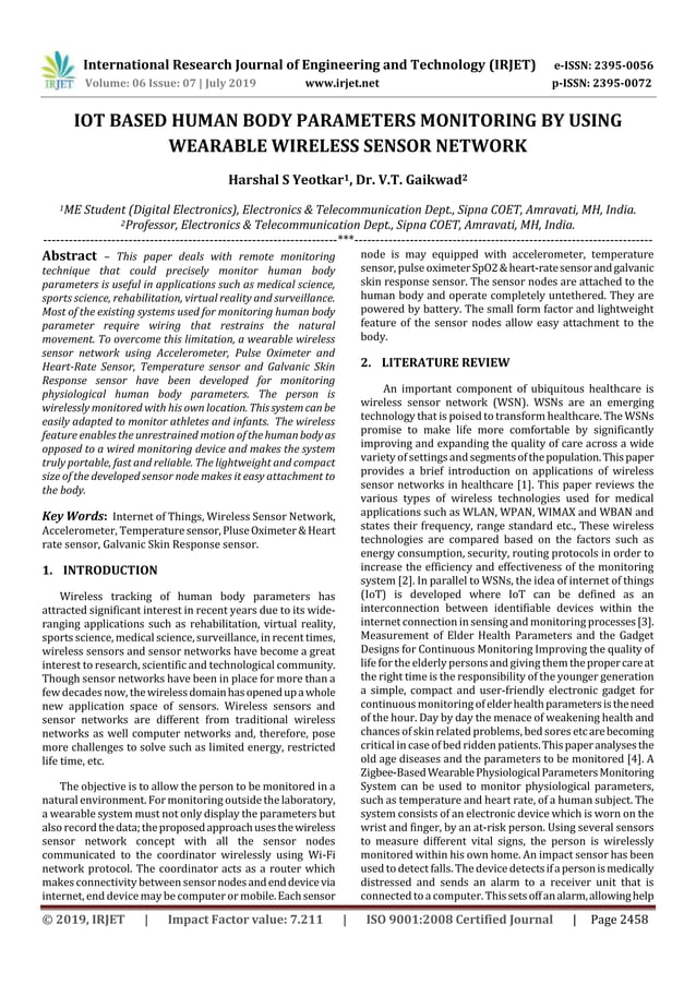 IRJET- IoT based Human Body Parameters Monitoring by using Wearable ...