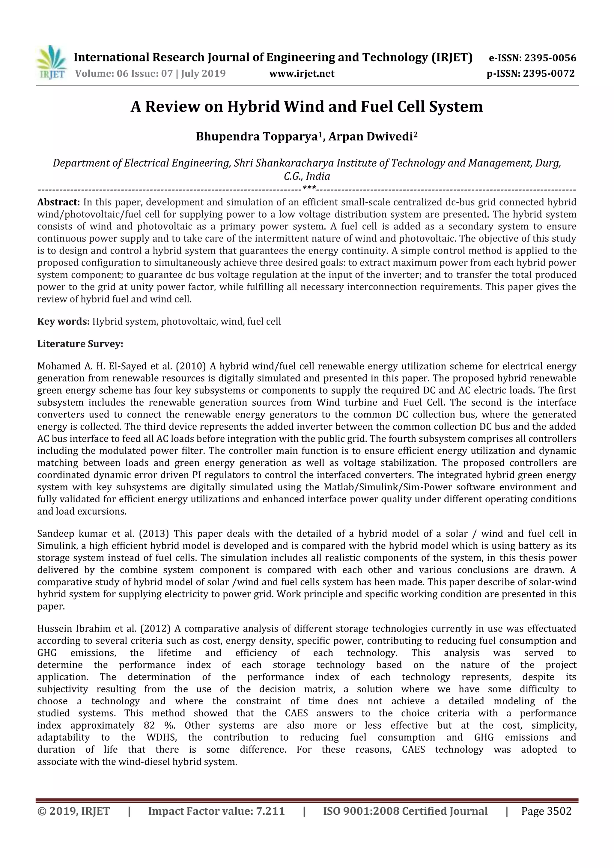 IRJET- A Review on Hybrid Wind and Fuel Cell System | PDF