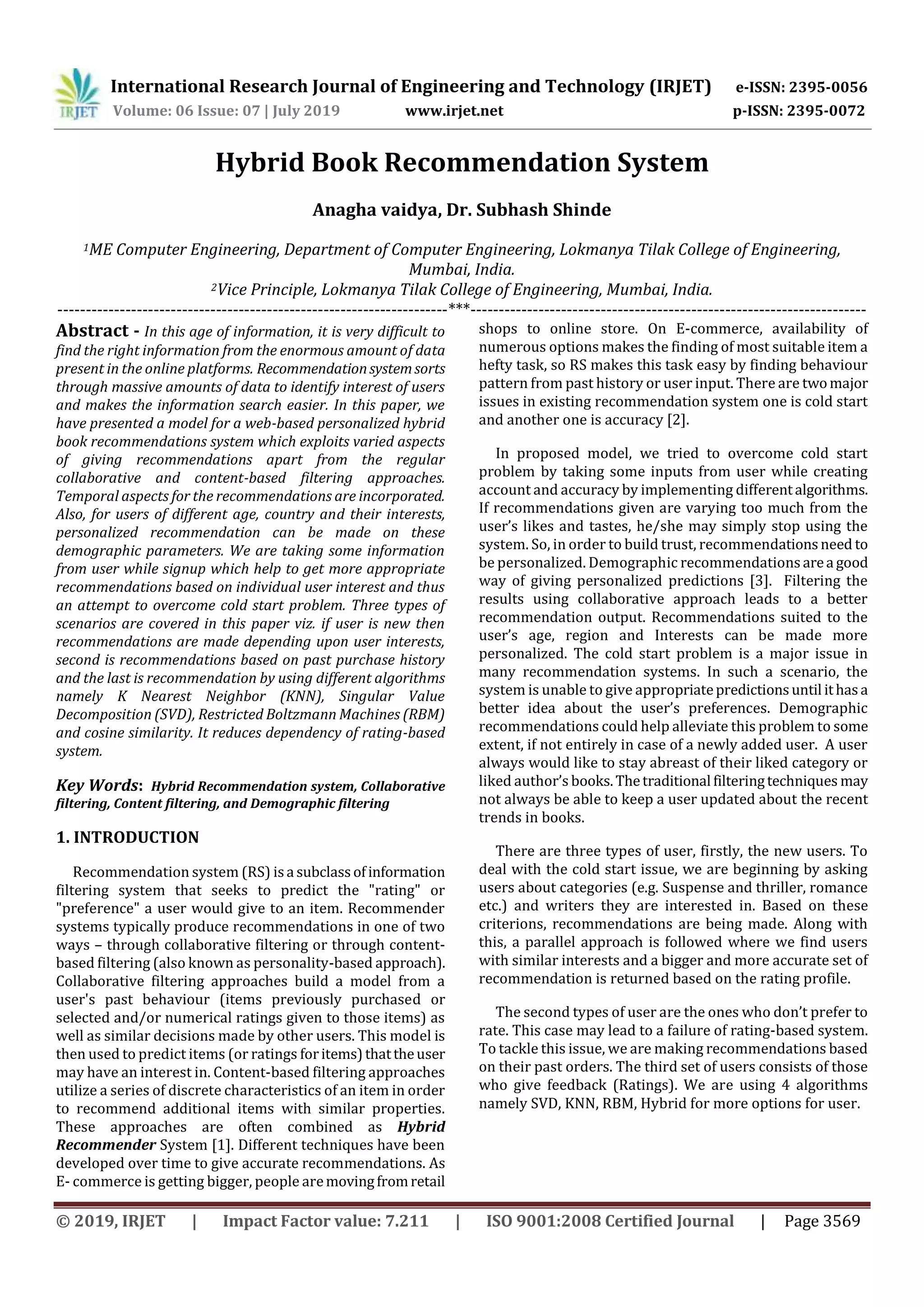 IRJET- Hybrid Book Recommendation System | PDF