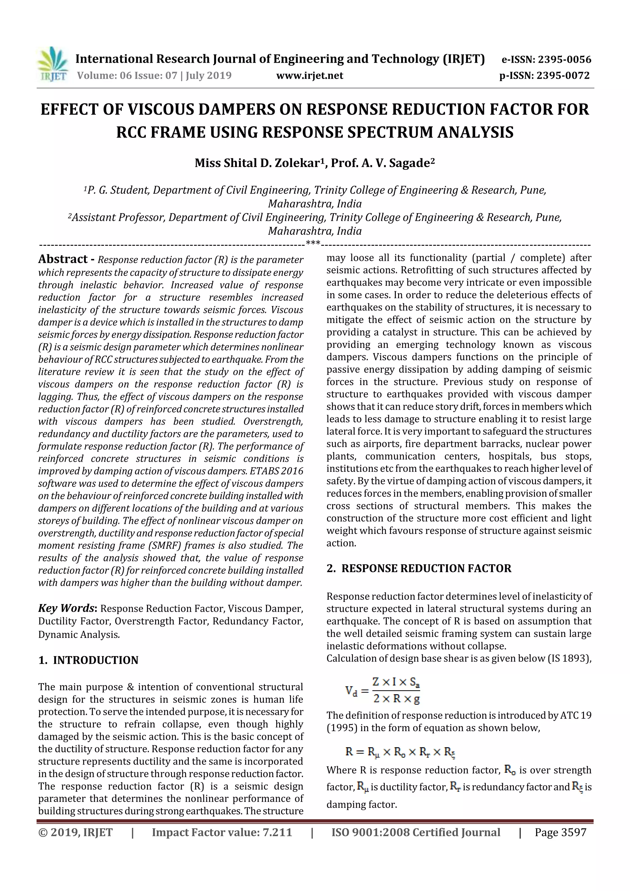 IRJET- Effect of Viscous Dampers on Response Reduction Factor for RCC Frame using Response ...