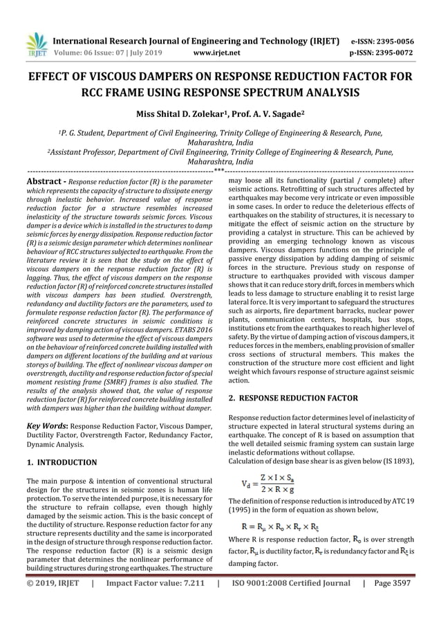 IRJET- Effect of Viscous Dampers on Response Reduction Factor for RCC Frame using Response ...