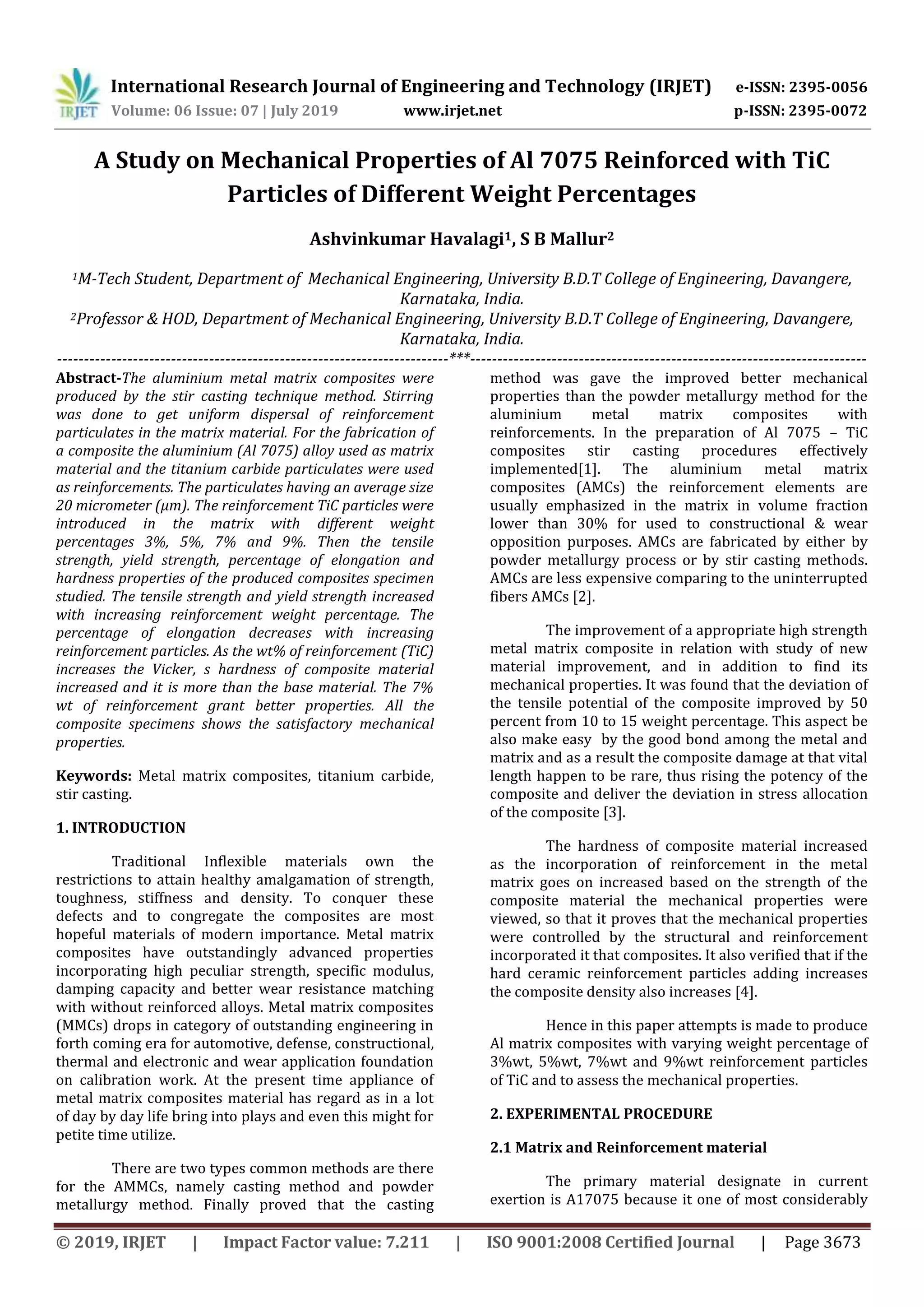 IRJET- A Study on Mechanical Properties of Al 7075 Reinforced with TiC ...