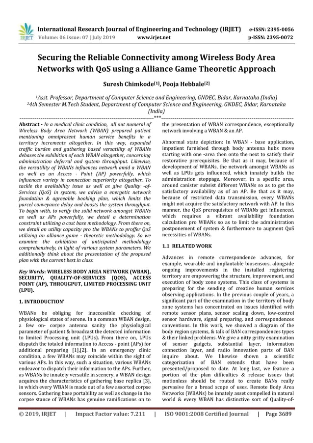 IRJET- Securing the Reliable Connectivity among Wireless Body Area Networks with QoS using a ...