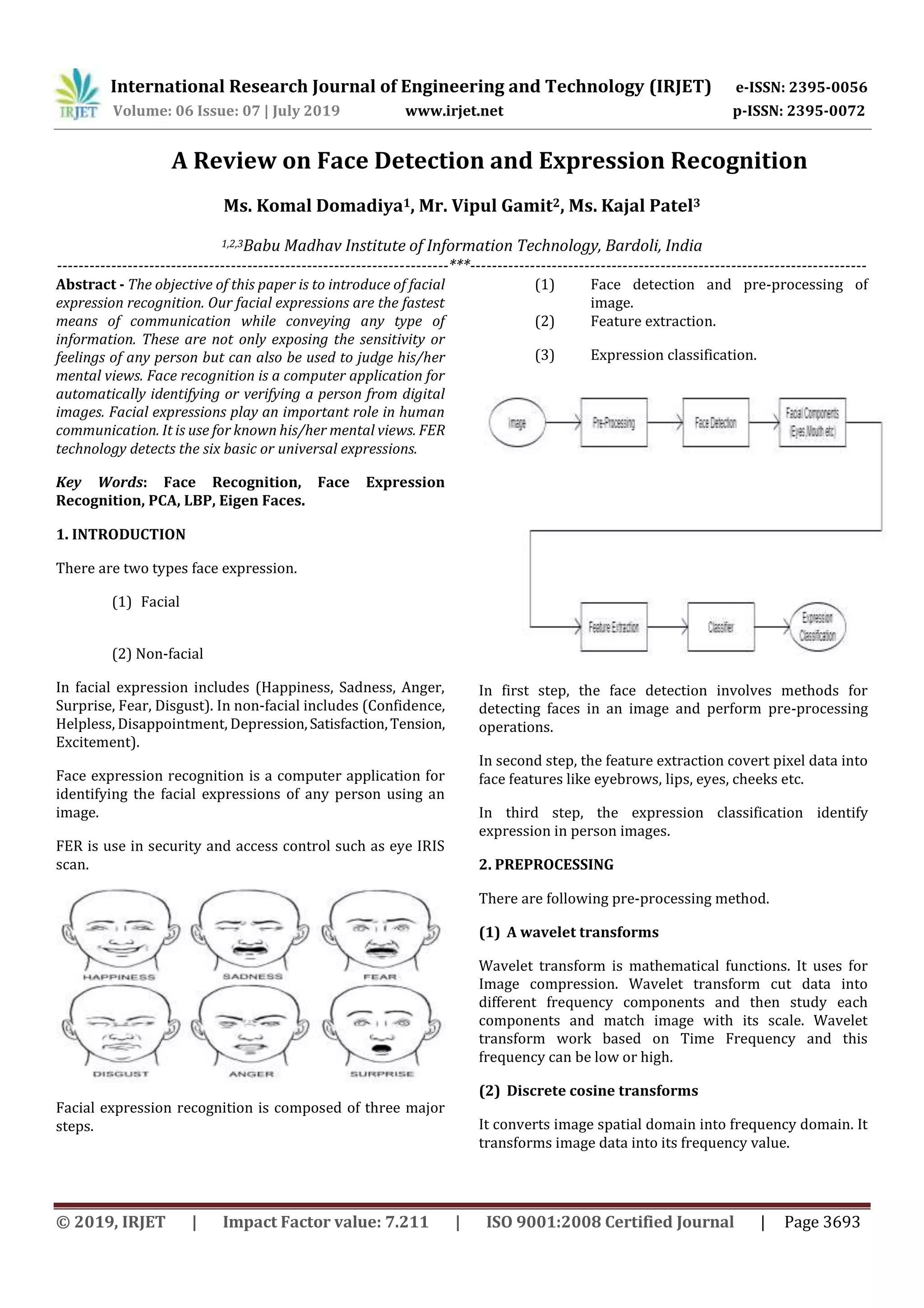 IRJET- A Review on Face Detection and Expression Recognition | PDF