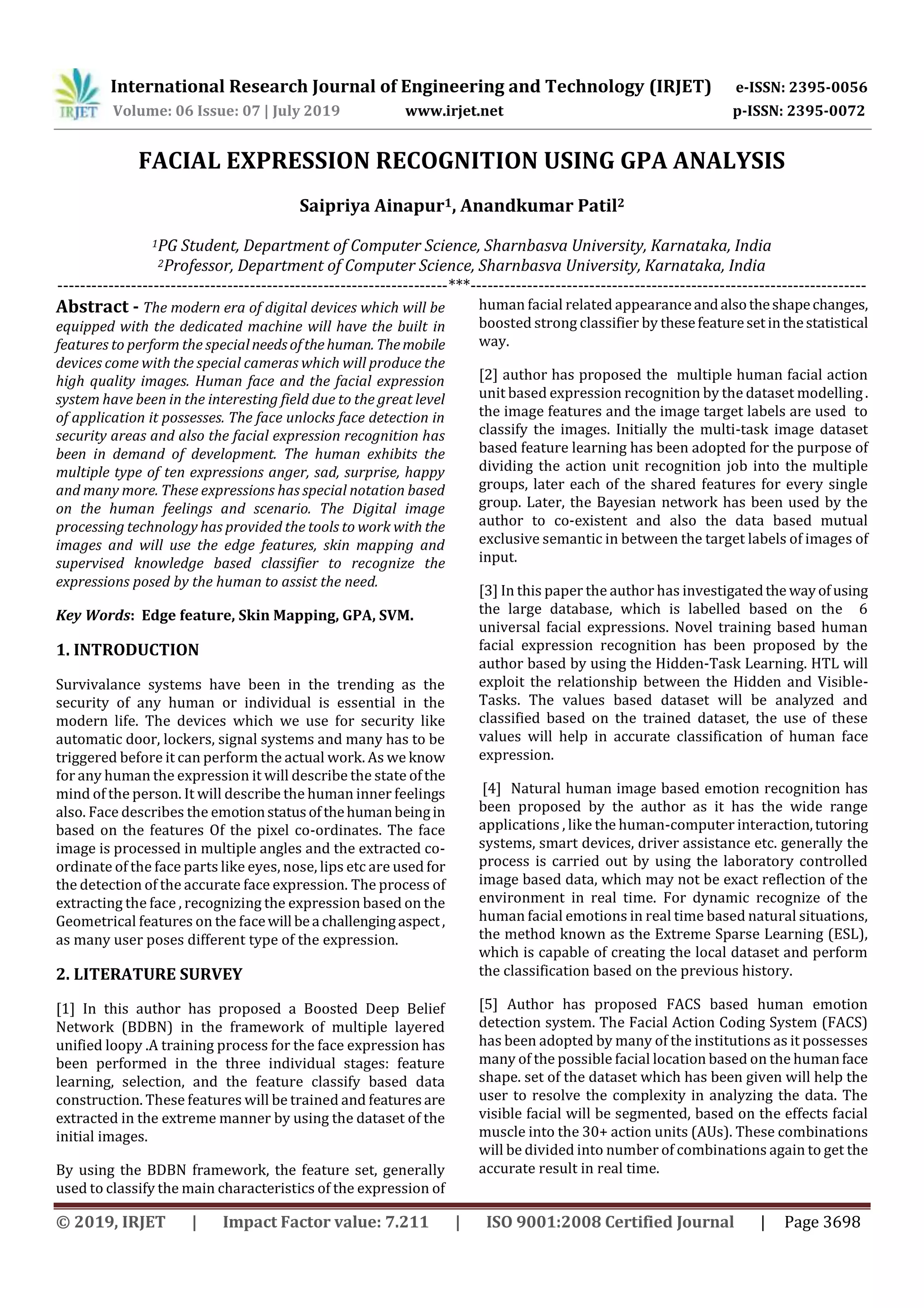 IRJET- Facial Expression Recognition using GPA Analysis | PDF