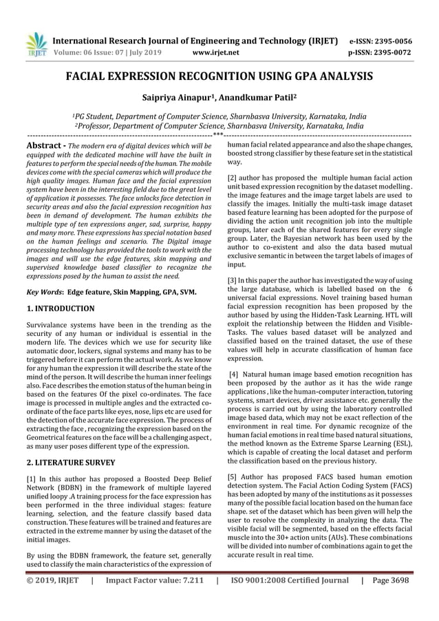IRJET- Facial Expression Recognition using GPA Analysis | PDF