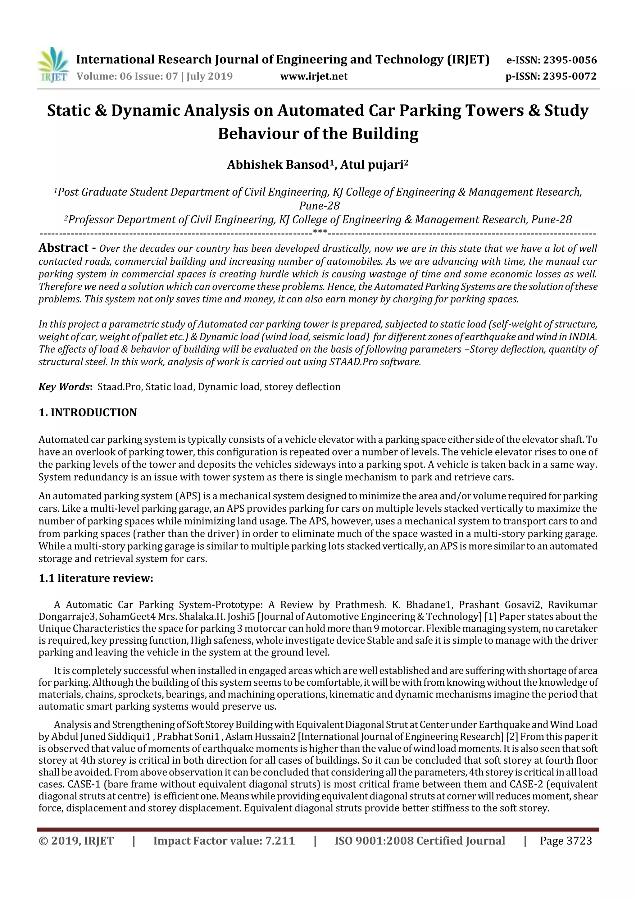 IRJET- Static & Dynamic Analysis on Automated Car Parking Towers ...