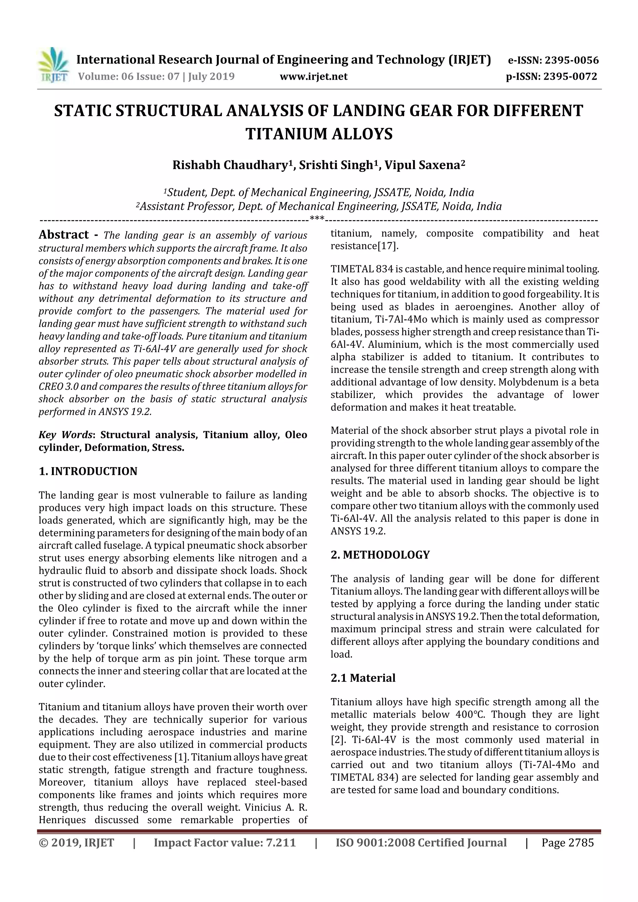 IRJET- Static Structural Analysis of Landing Gear for Different ...
