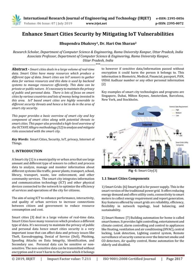 IRJET- Enhance Smart Cities Security by Mitigating IoT Vulnerabilities | PDF