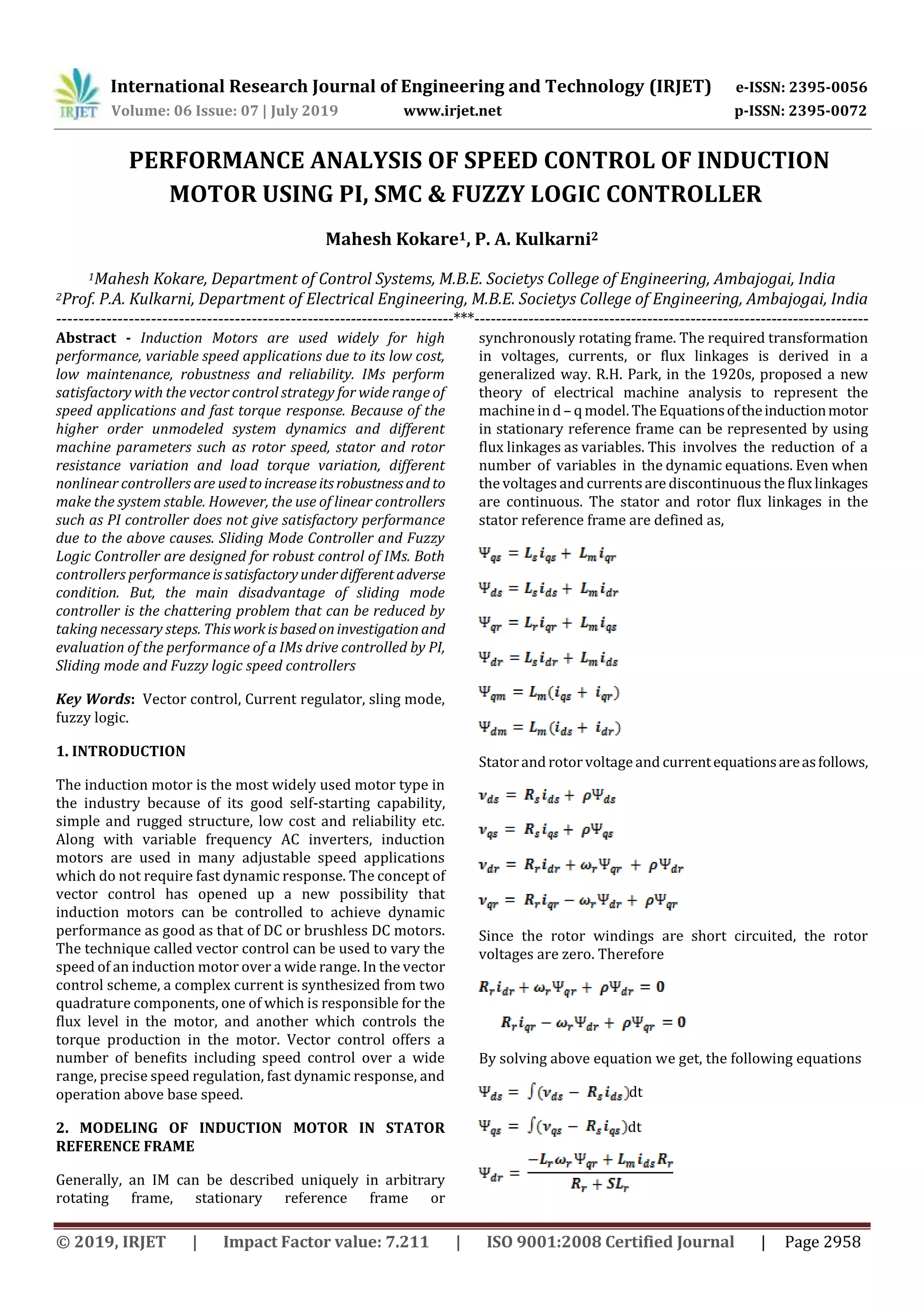 Irjet Performance Analysis Of Speed Control Of Induction Motor Using Pi Smc And Fuzzy Logic