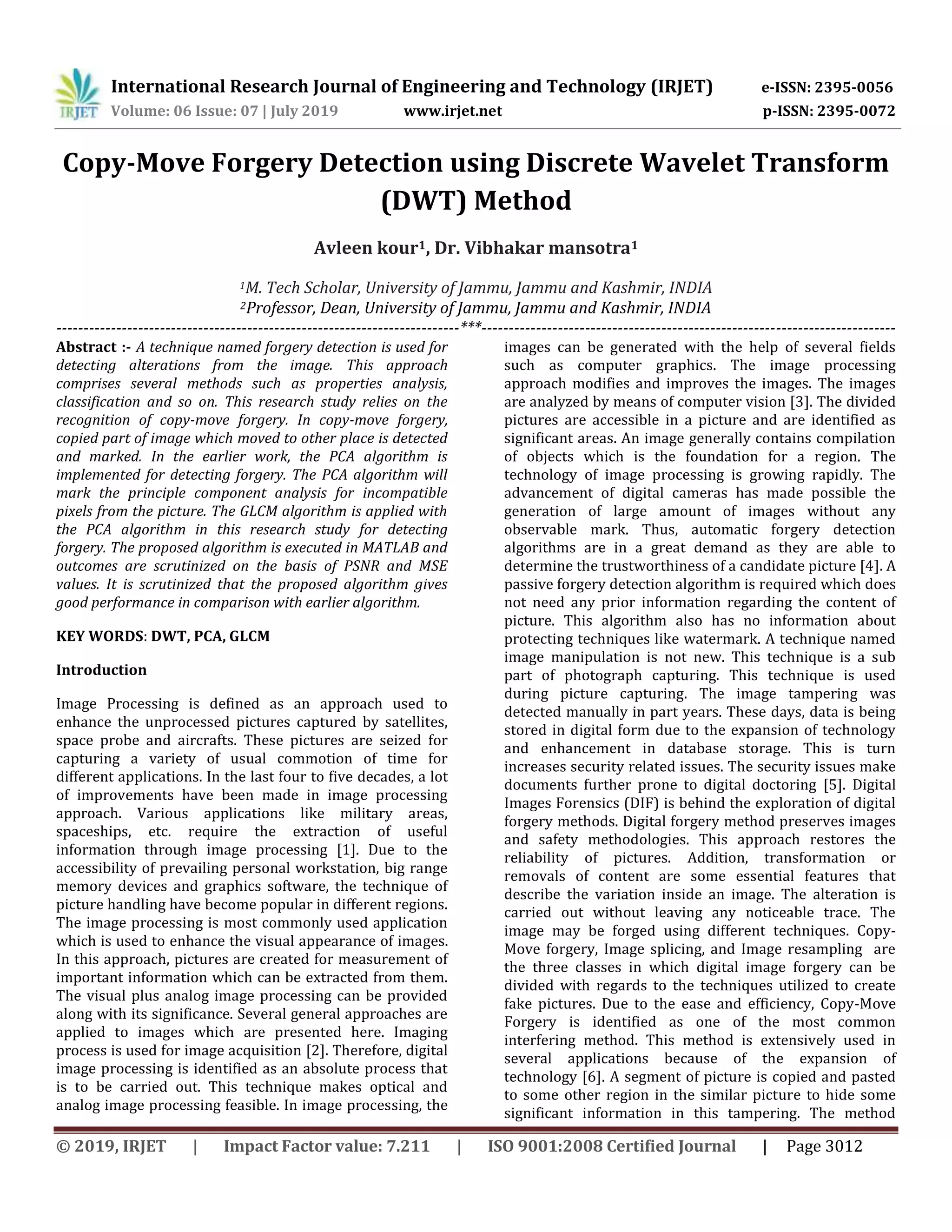 Irjet Copy Move Forgery Detection Using Discrete Wavelet Transform Dwt Method Pdf