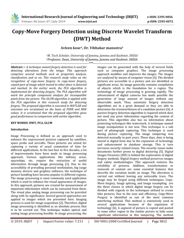 Irjet Copy Move Forgery Detection Using Discrete Wavelet Transform