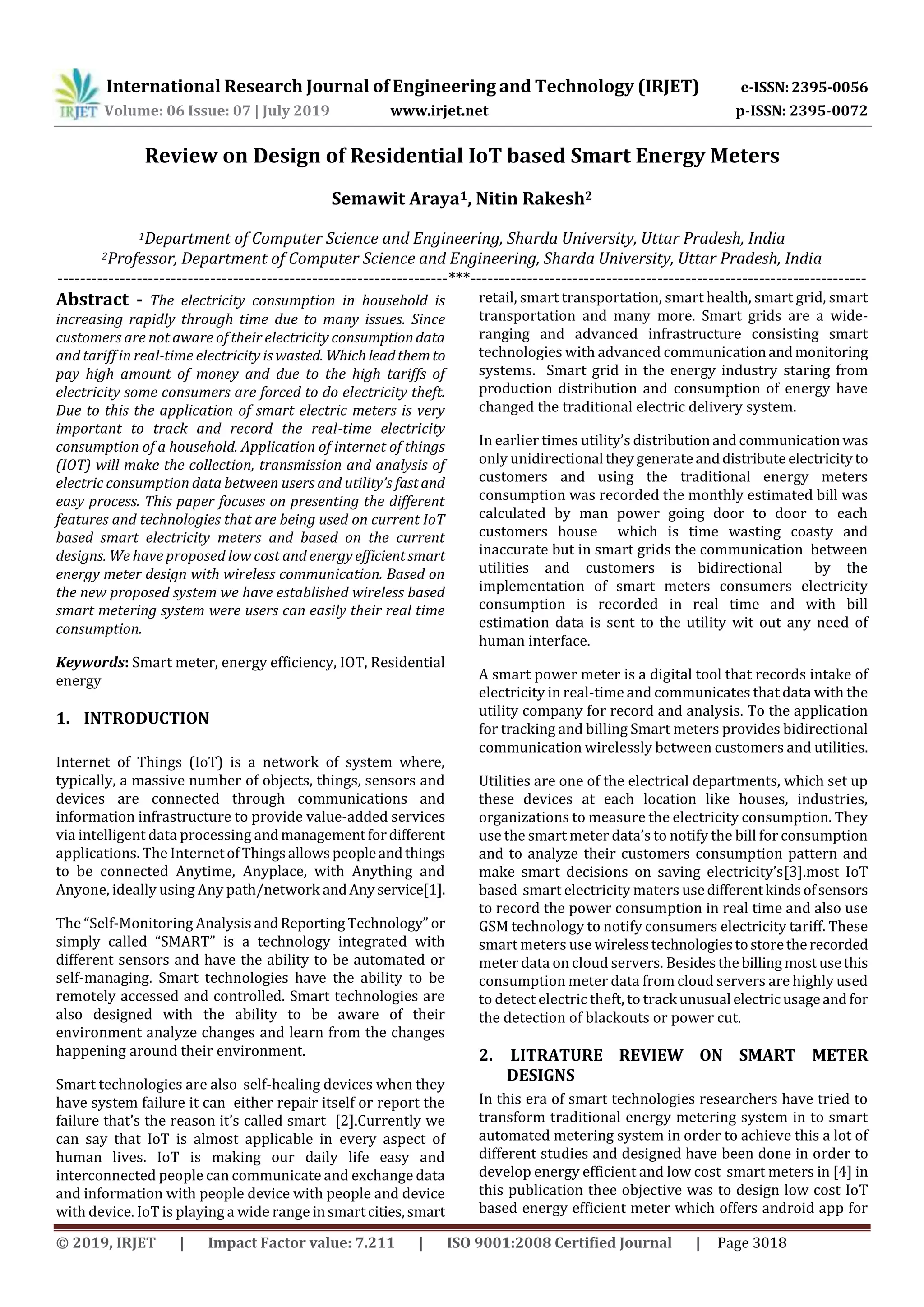 IRJET- Review on Design of Residential IoT based Smart Energy Meters | PDF