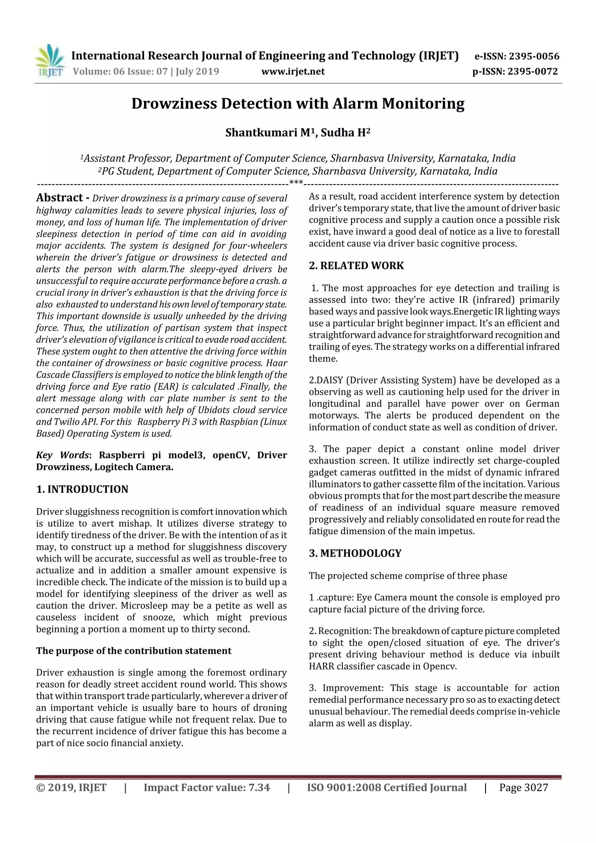 IRJET- Drowziness Detection with Alarm Monitoring | PDF