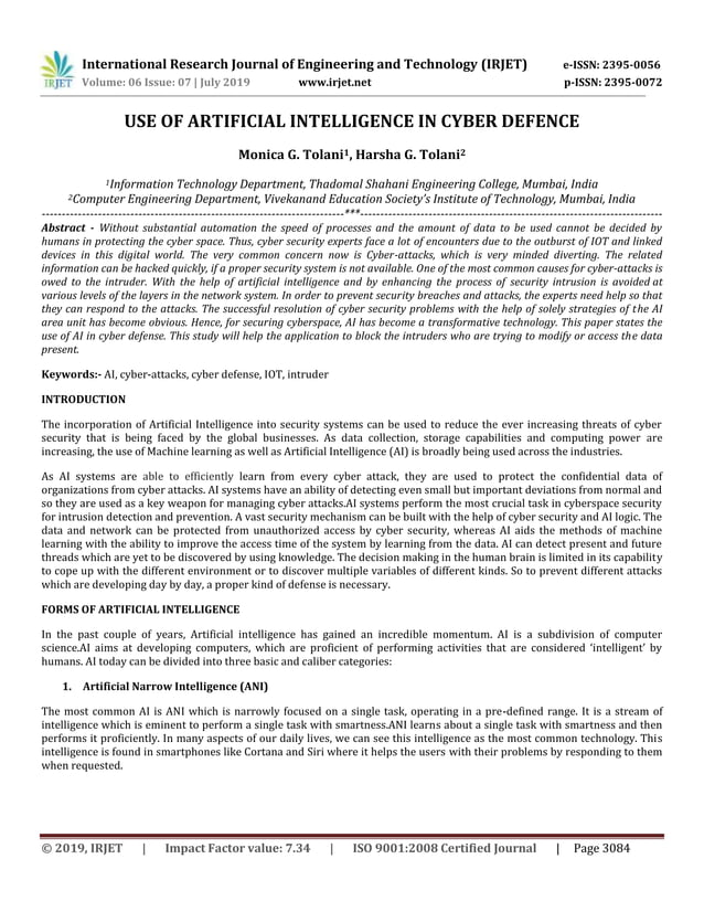 IRJET- Use of Artificial Intelligence in Cyber Defence | PDF
