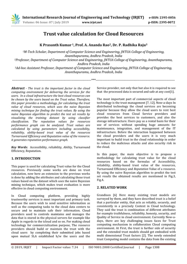 IRJET- Trust Value Calculation for Cloud Resources | PDF