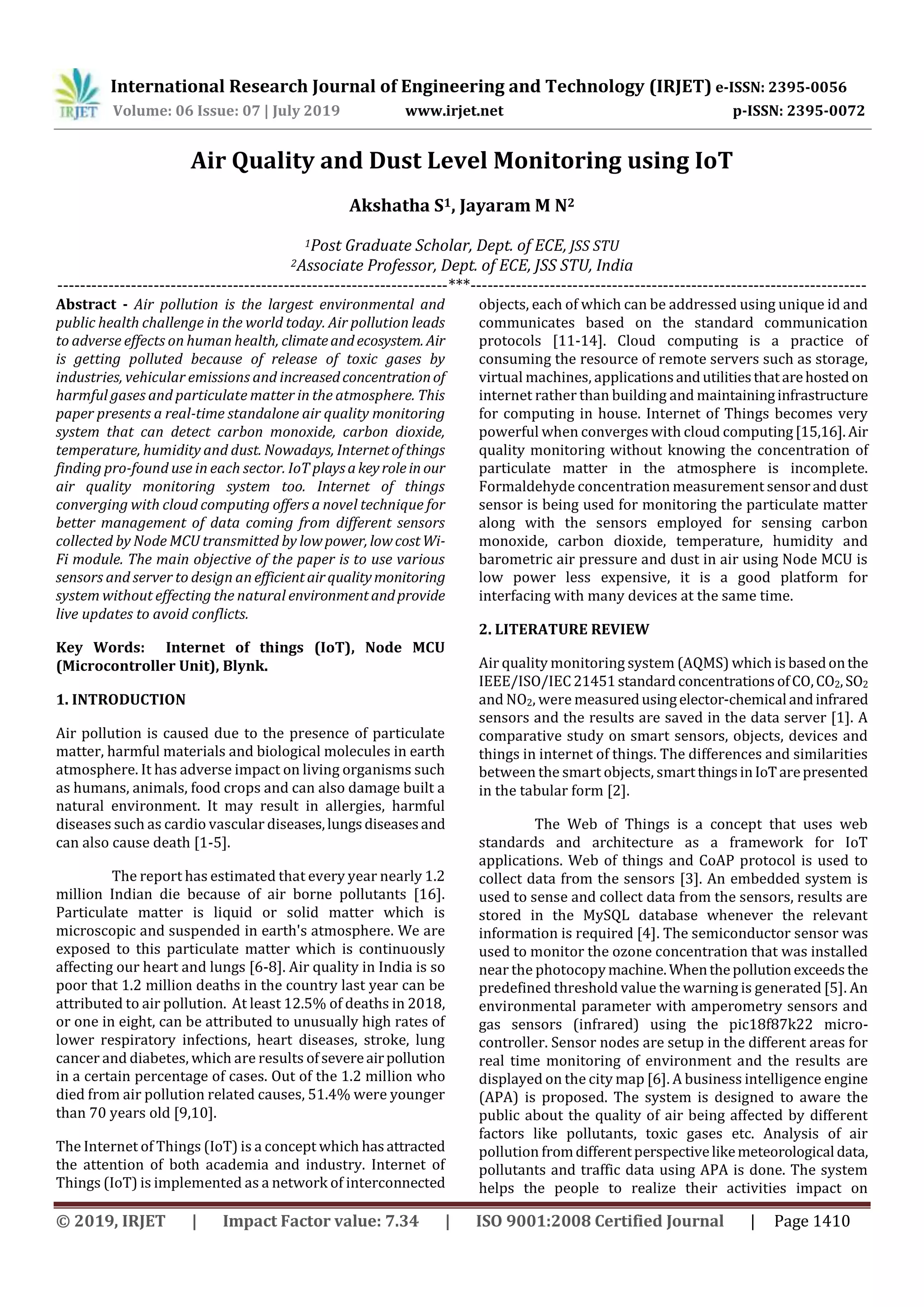 IRJET- Air Quality and Dust Level Monitoring using IoT | PDF