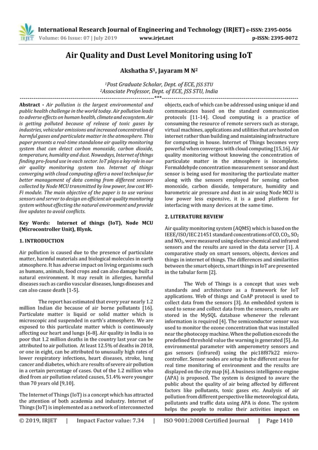 IRJET- Air Quality and Dust Level Monitoring using IoT | PDF