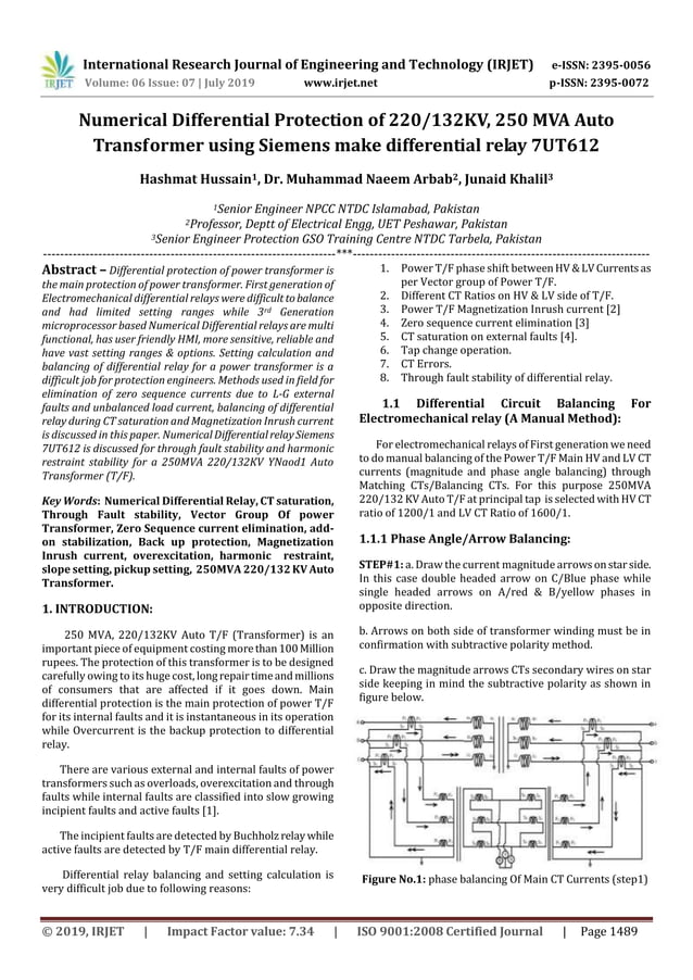 Irjet Numerical Differential Protection Of 220 132kv 250 Mva Auto