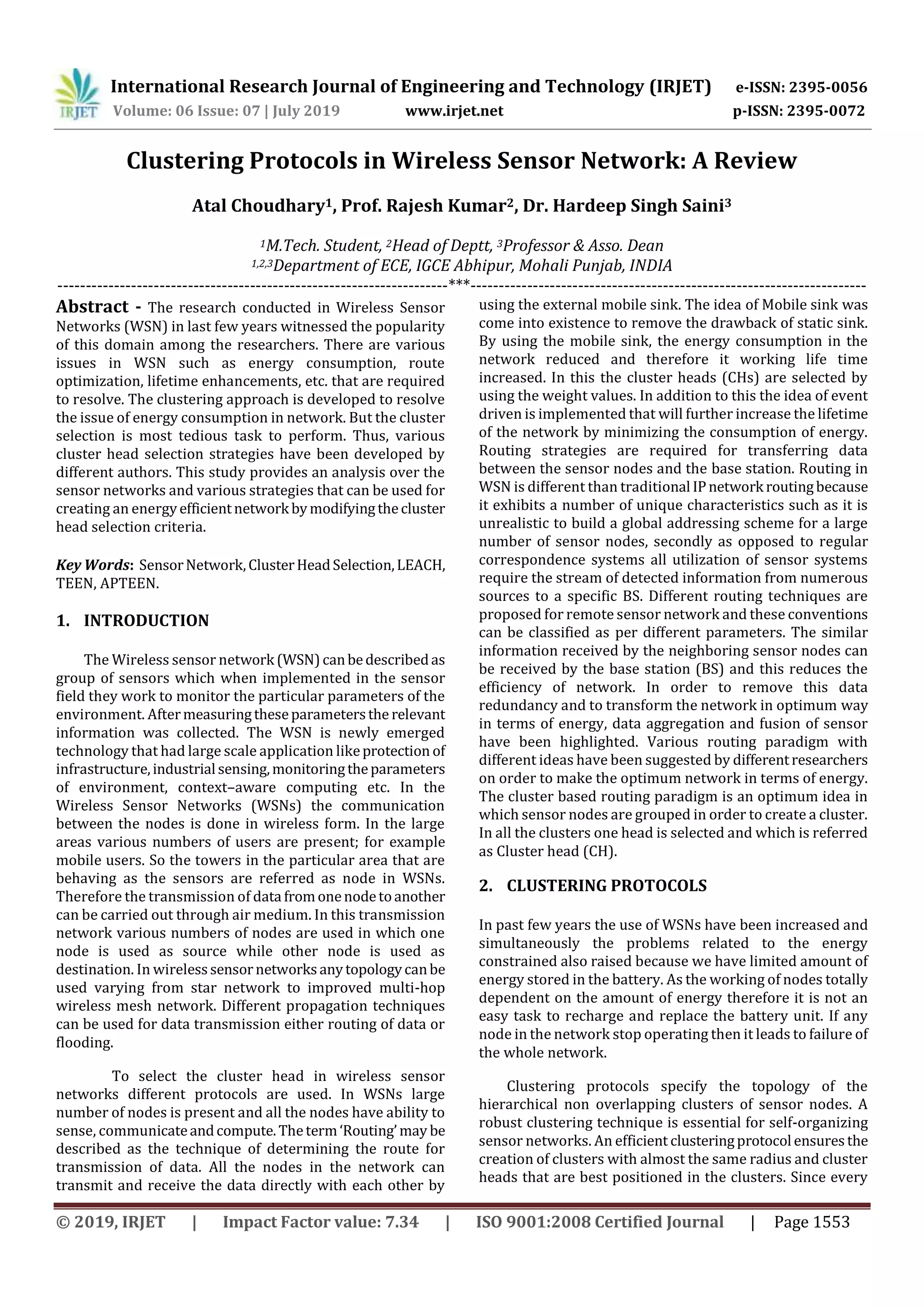 IRJET- Clustering Protocols in Wireless Sensor Network: A Review | PDF