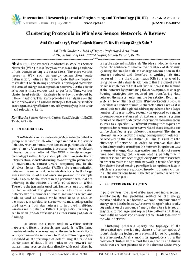 IRJET- Clustering Protocols in Wireless Sensor Network: A Review | PDF